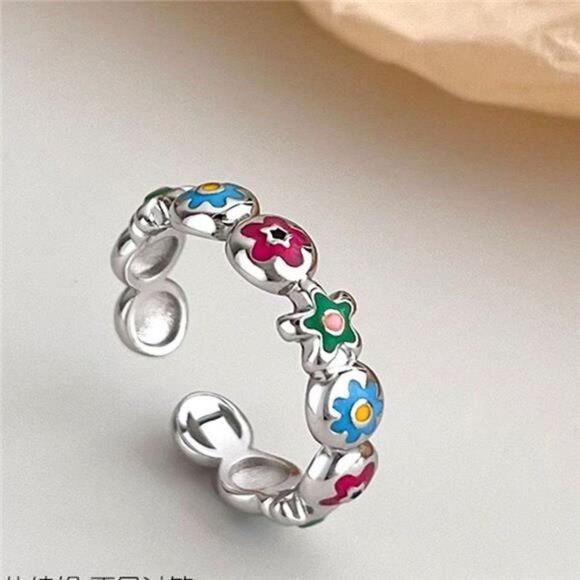Jewelry | New Sterling Silver Colorful Flowers Ring Floral Adjustable ...